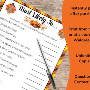 Thanksgiving Most Likely to Game, Thanksgiving Office Party Work Game ...