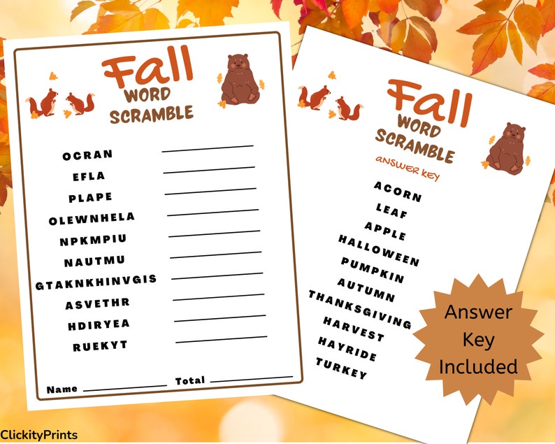 Fall Word Scramble-autumn Word Scramble-festive Word Scramble-fall ...