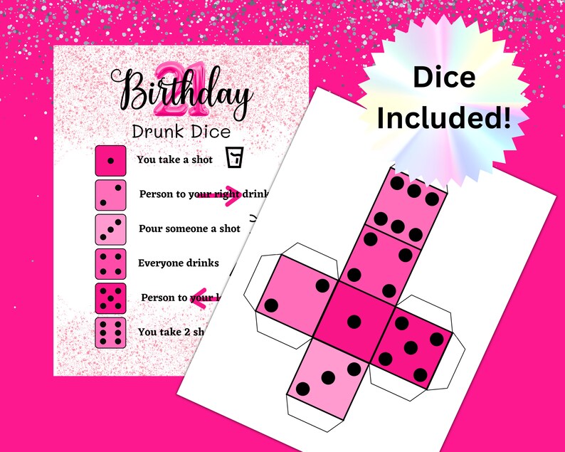 Printable 21st Birthday Drunk Dice Game, 21st Drinking Games, Birthday ...