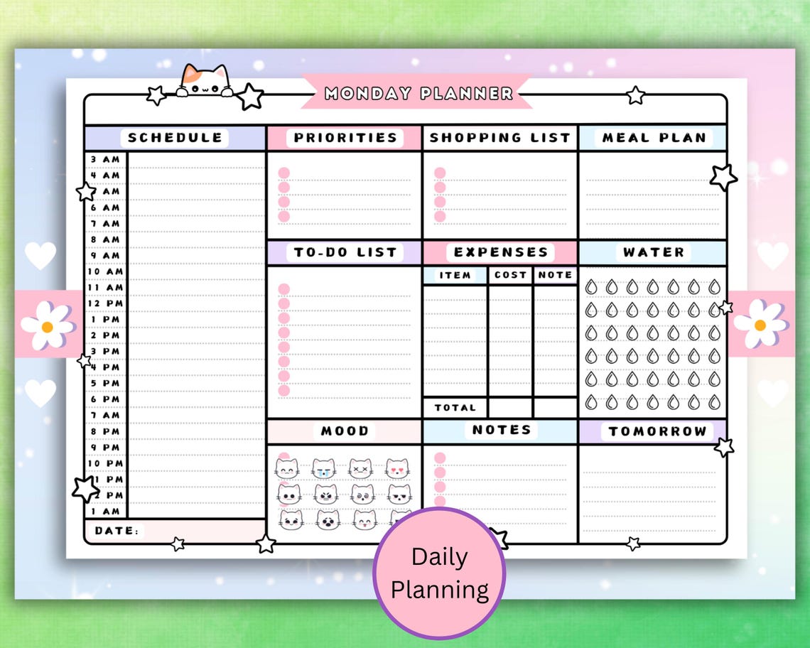 Cute Kitty Weekly Monthly Daily Planners, Colorful Cute Playful ...
