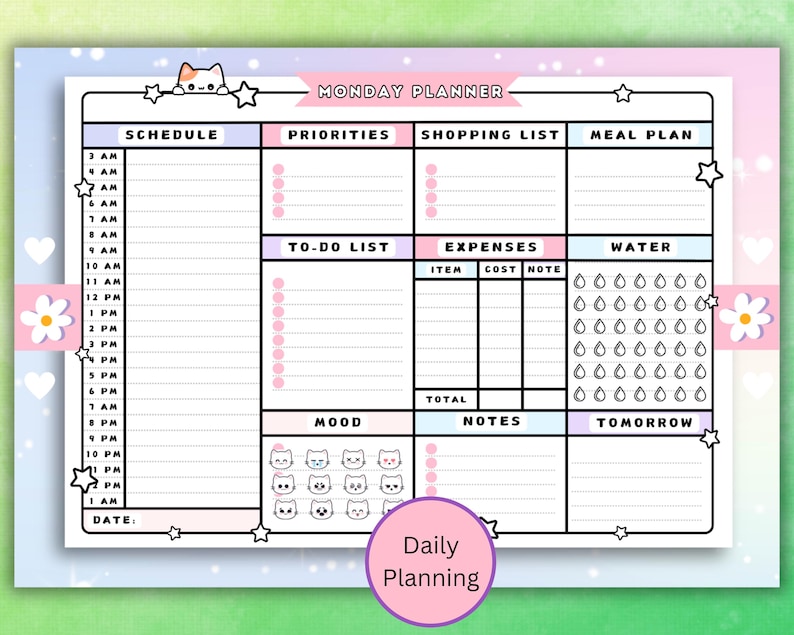 Cute Kitty Weekly Monthly Daily Planners, Colorful Cute Playful ...