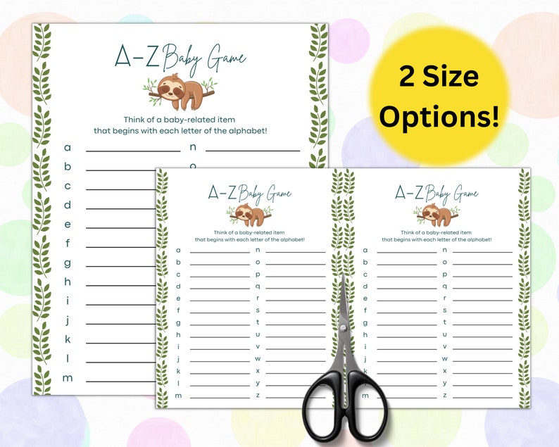 Printable Sloth Baby Shower ABC Alphabet Game Unisex for Boy or Girl ...