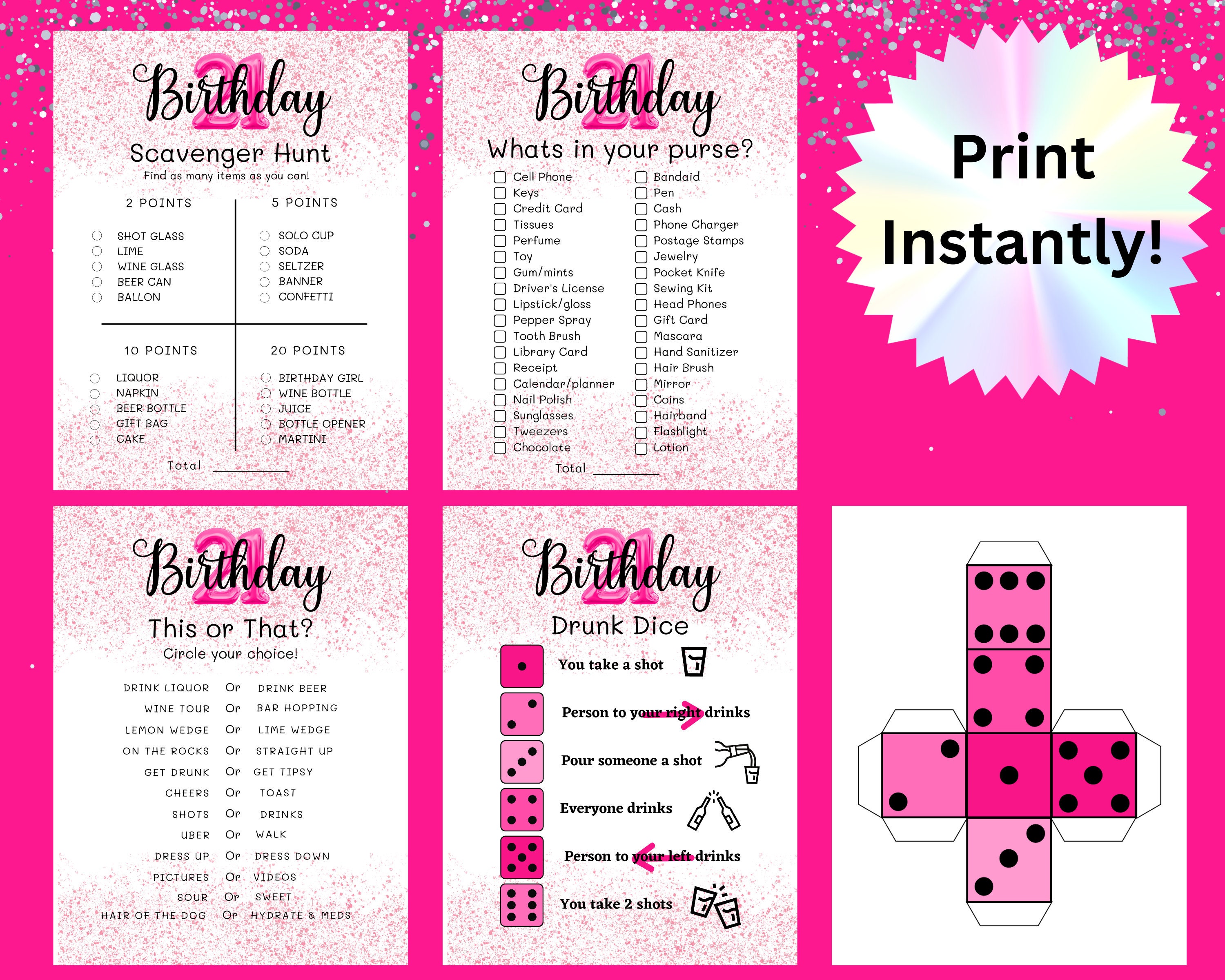 Printable 21st Birthday Game Bundle, Drunk Dice Birthday Game, 21st ...
