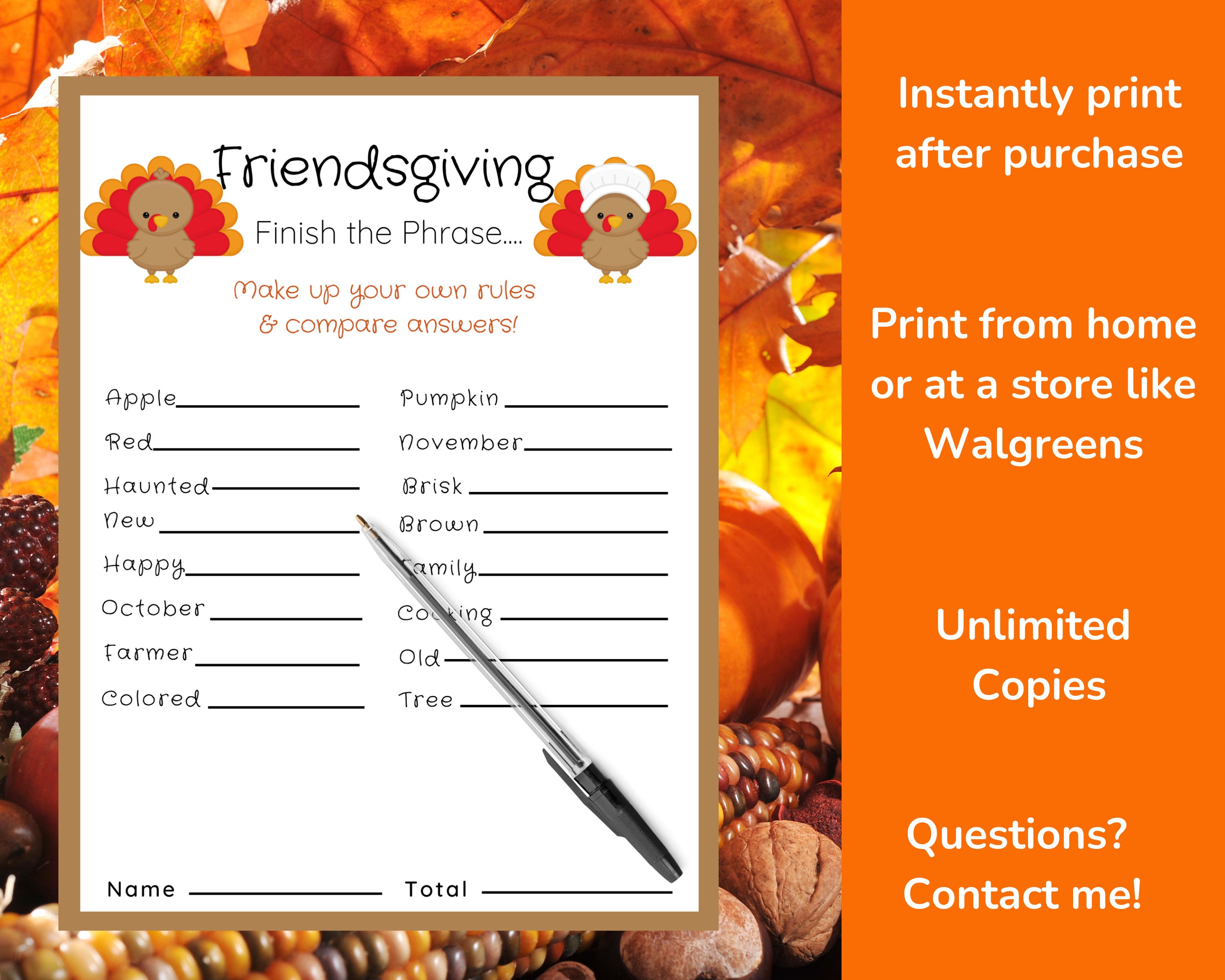Friendsgiving Thanksgiving Finish the Phrase, Printable Thanksgiving ...