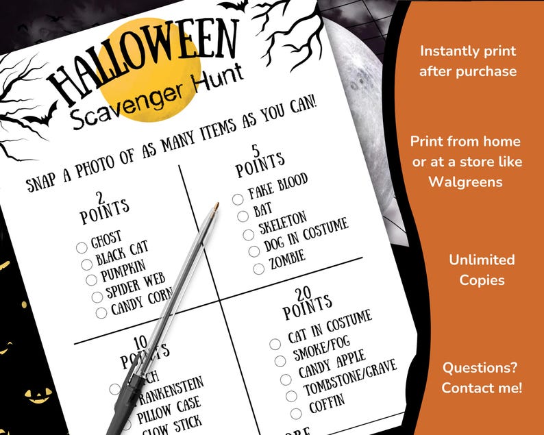 Printable Halloween Scavenger Hunt for Kids and Adults, Halloween Party ...