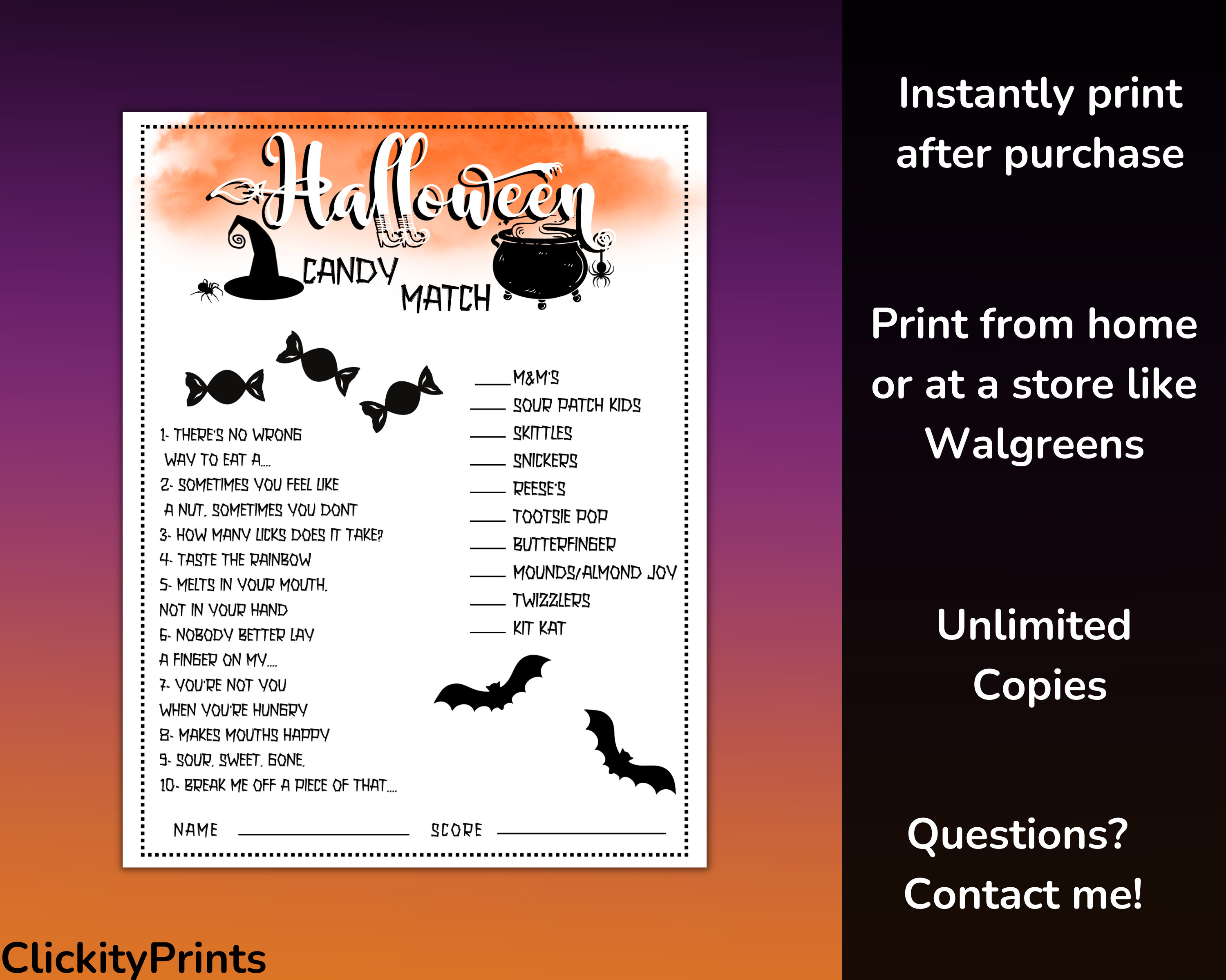 Halloween Candy Match-printable Halloween Game-candy Game-halloween ...