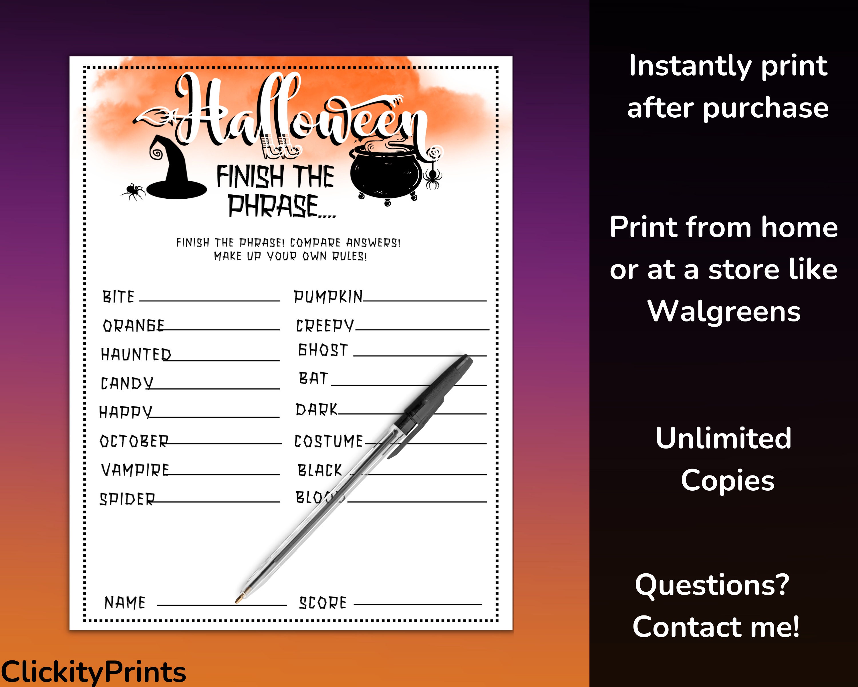 Halloween Finish the Phrase Game-halloween Party Game-spooky Party Game ...