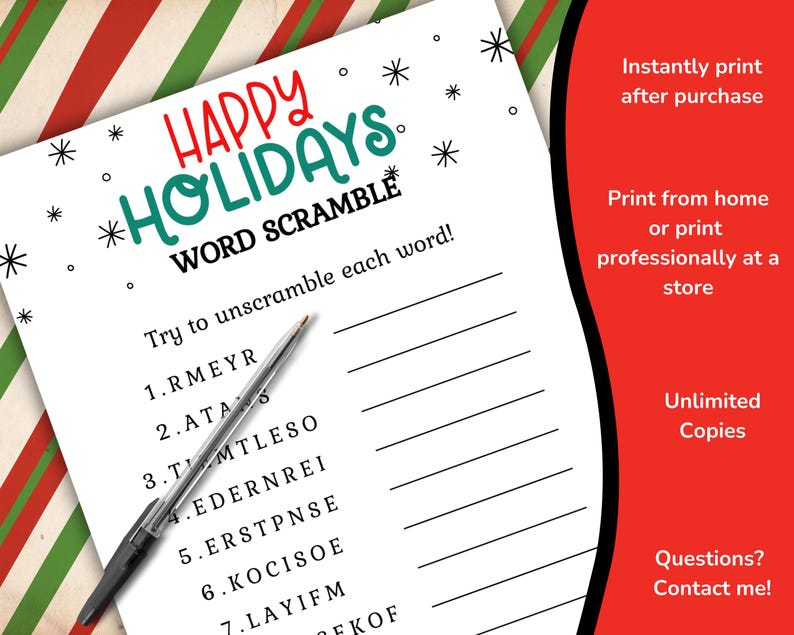 Word Scramble Holiday Activity for School or Work, Printable Christmas ...