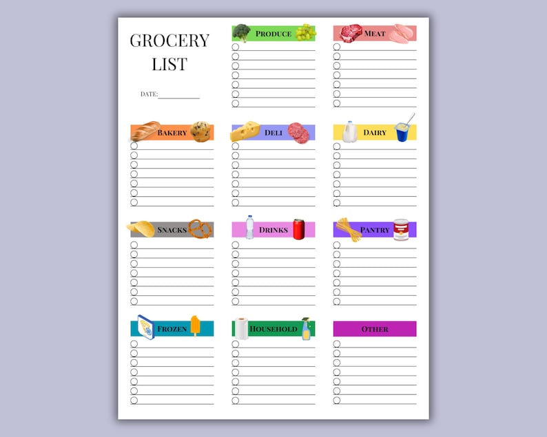 Grocery List Printable Template, Grocery Planner, Food Shopping List ...