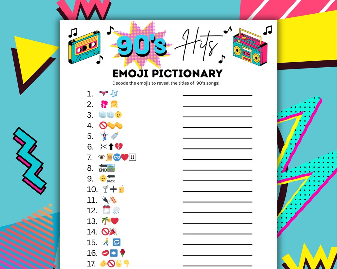 90's Music Top Hits Emoji Pictionary, Printable Emoji Guessing Game for ...