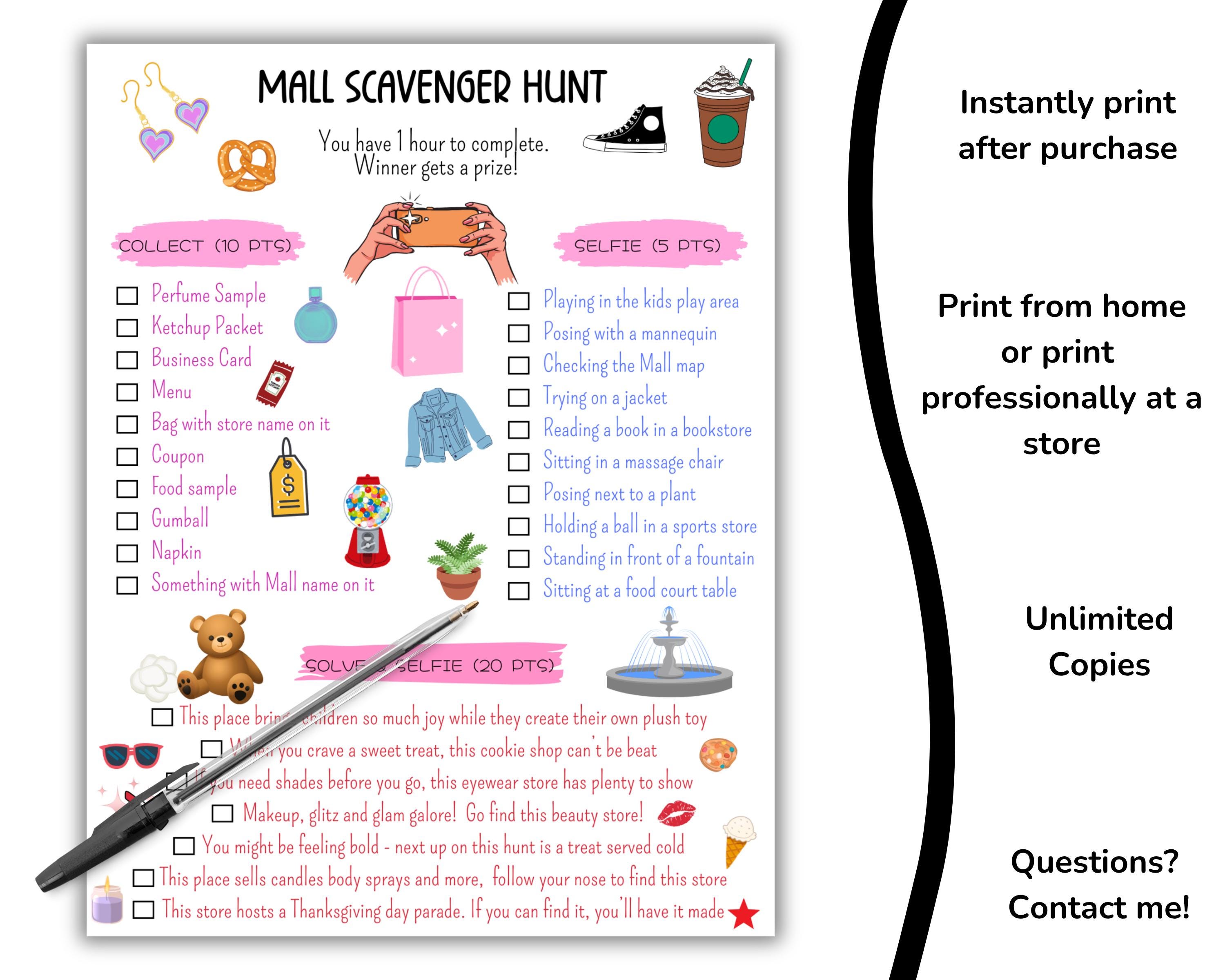 Shopping Mall Scavenger Hunt, Printable Mall Treasure Hunt Game ...