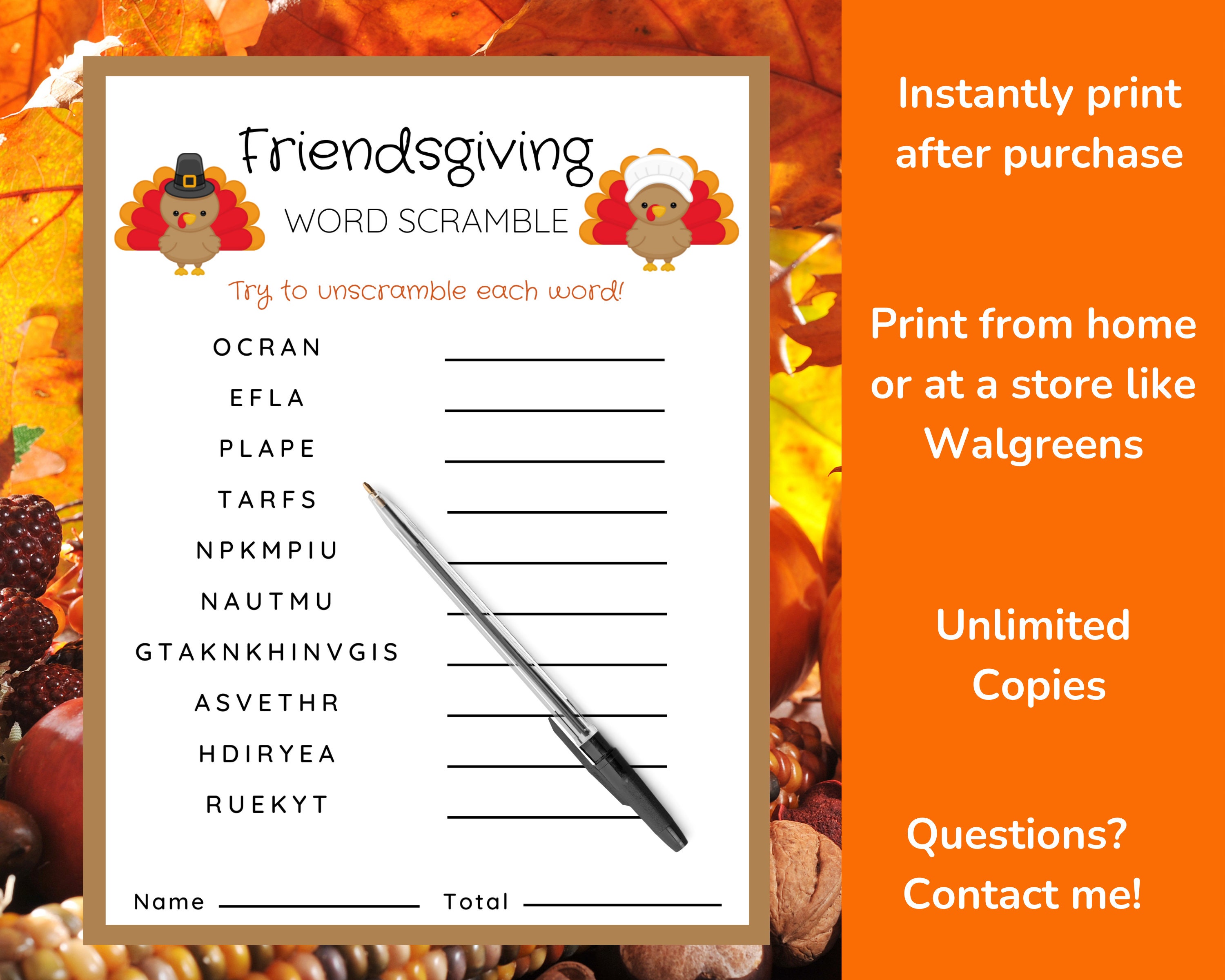 Friendsgiving Game, Printable Thanksgiving Word Scramble Game ...