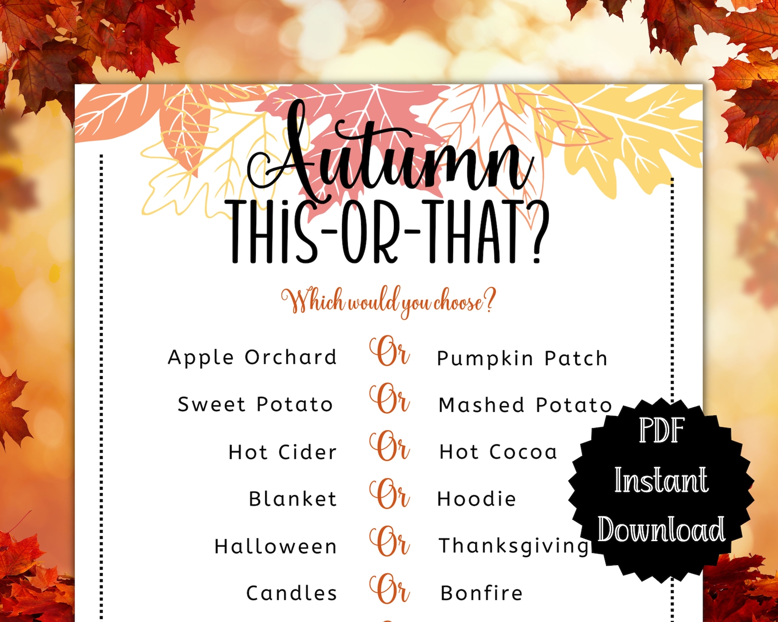 Autumn This or That Game, Fall This or That Game, Fall Family Activity ...