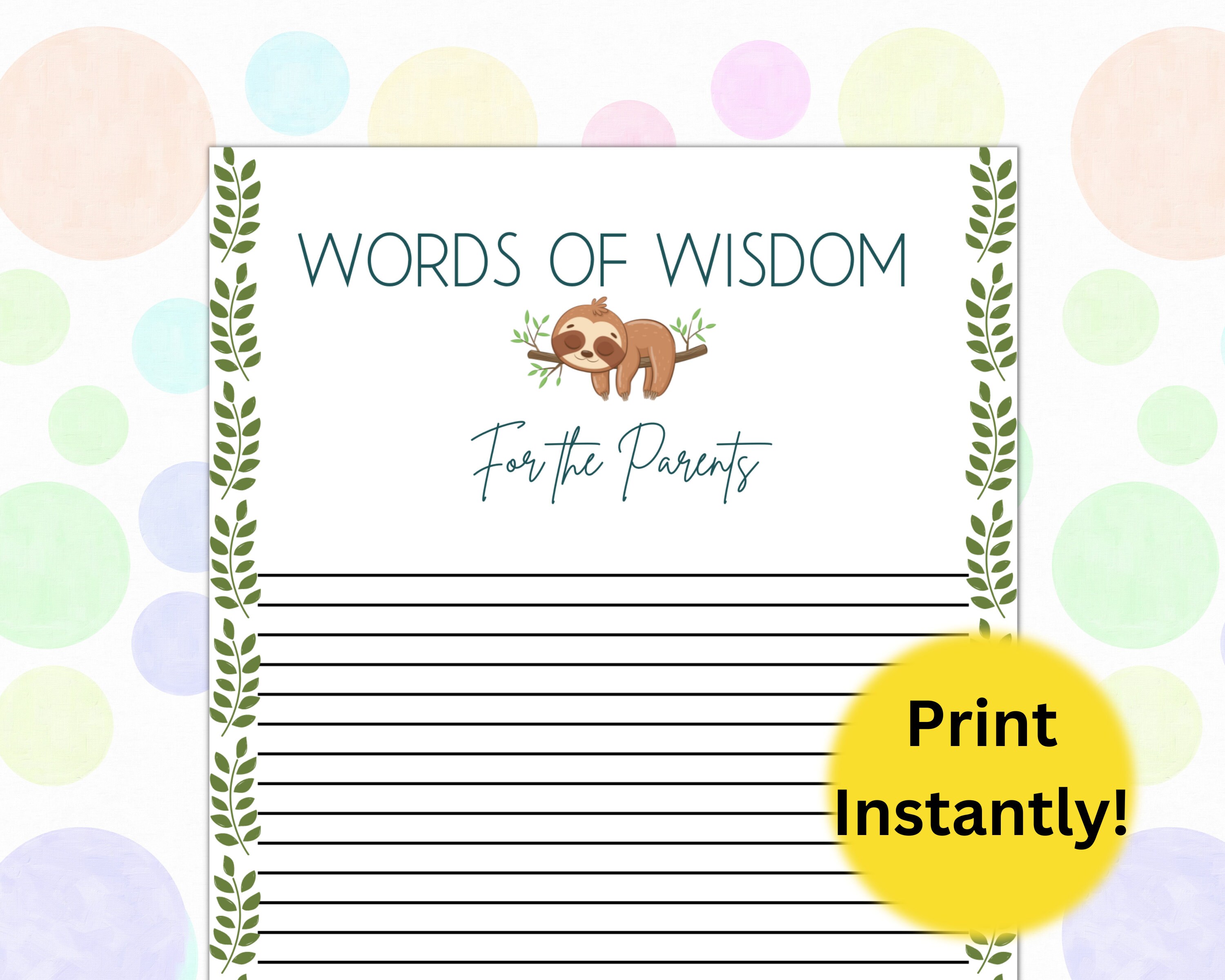 Printable Sloth Baby Shower Words of Wisdom Letter Unisex for Boy or ...