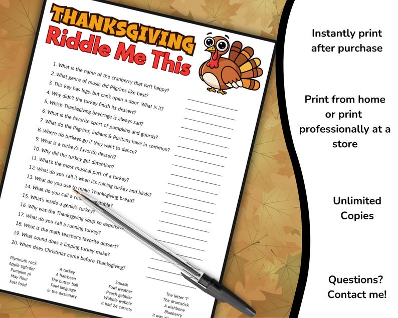 Riddle Me This Thanksgiving Game for Kids Instant Download, Printable ...
