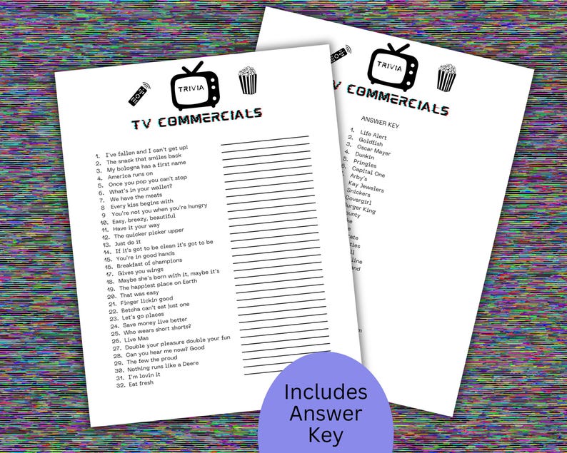 TV Commercial Trivia Game, Printable TV Tagline Quiz, Game Day ...
