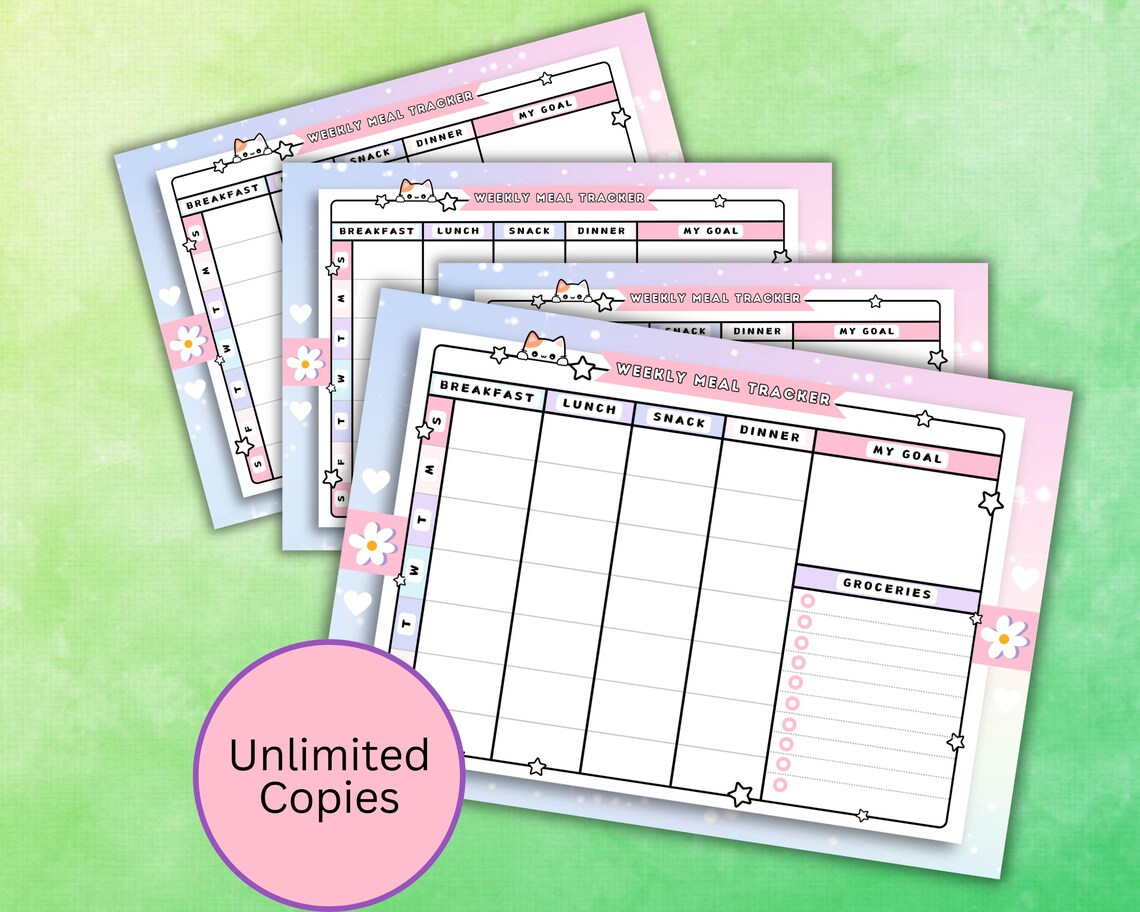 Printable Cute Kitty Meal Tracker, Digital Download Weekly Food Log ...
