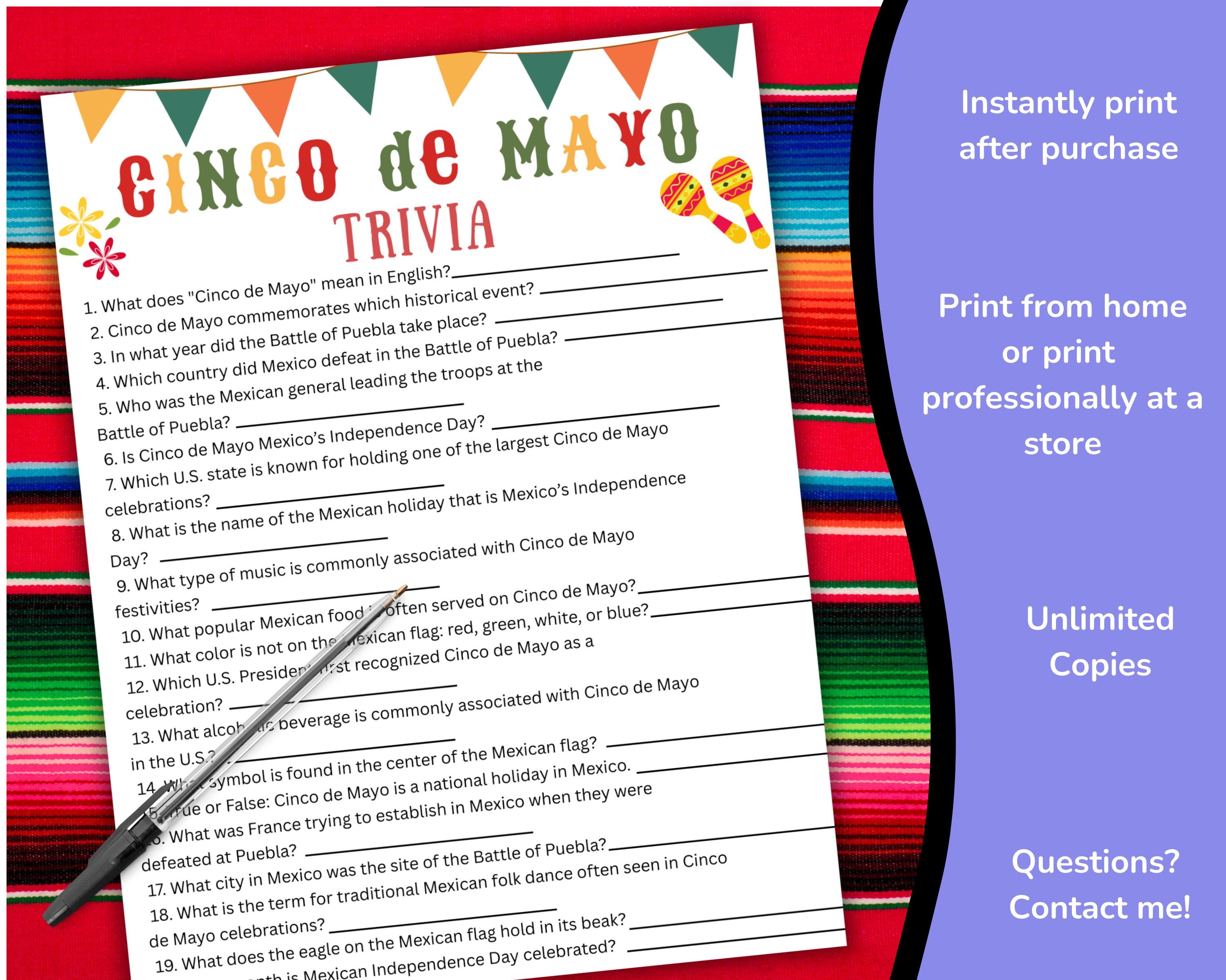 Cinco De Mayo Printable Trivia Game, Cinco De Mayo Party Game for Kids ...