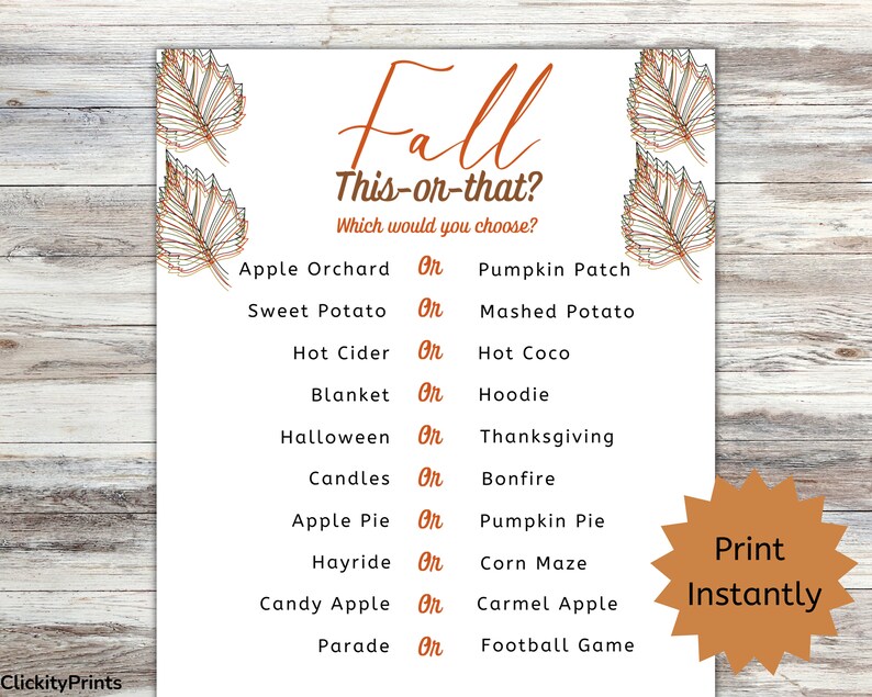 Fall This or That Game-autumn This or That Game-fall Family - Etsy