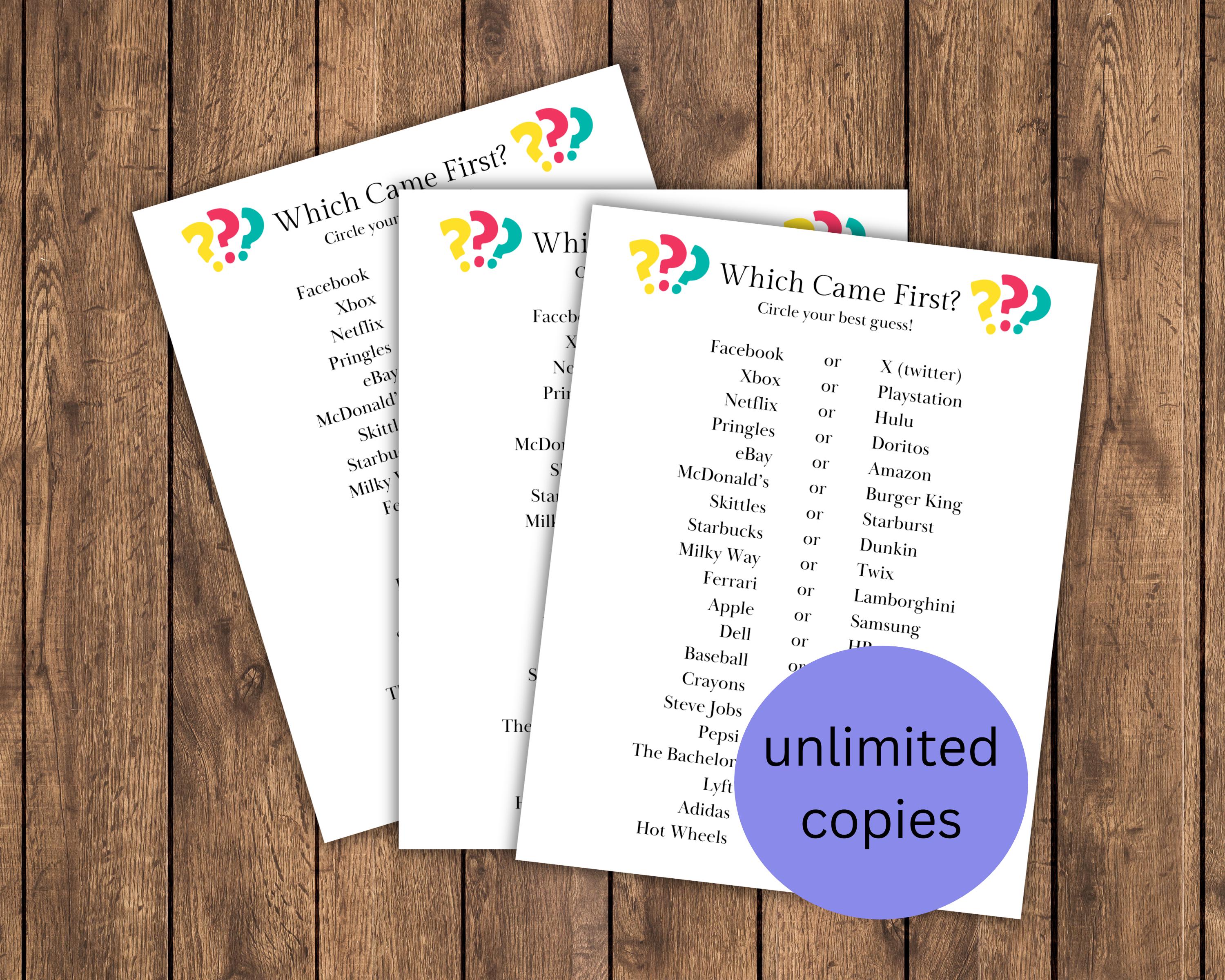 Which Came First Trivia Game, Printable Trivia Game Quiz, Office Game ...