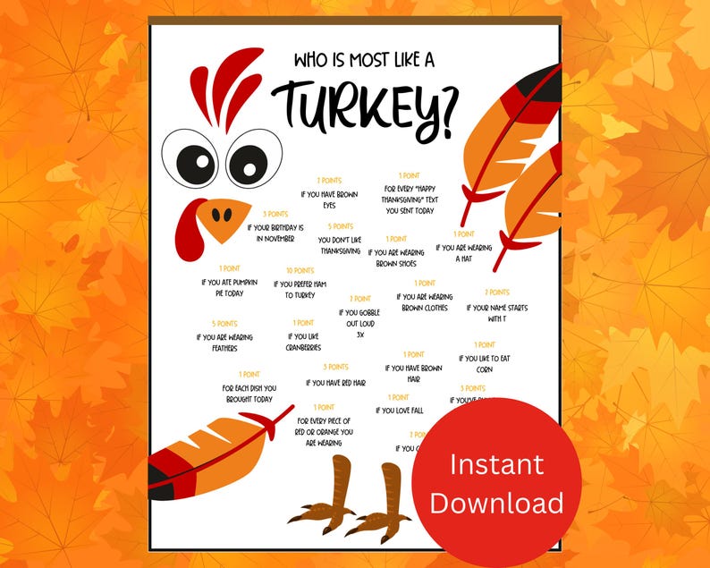 Who is Most Like A Turkey Thanksgiving Game Instant Download, Printable ...