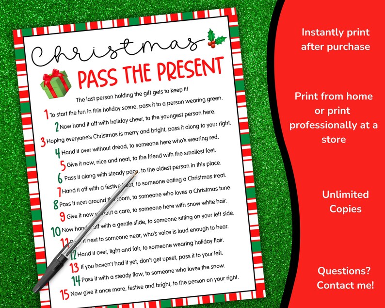 Pass the Present Christmas Game for Kids & Adults Instant Download ...