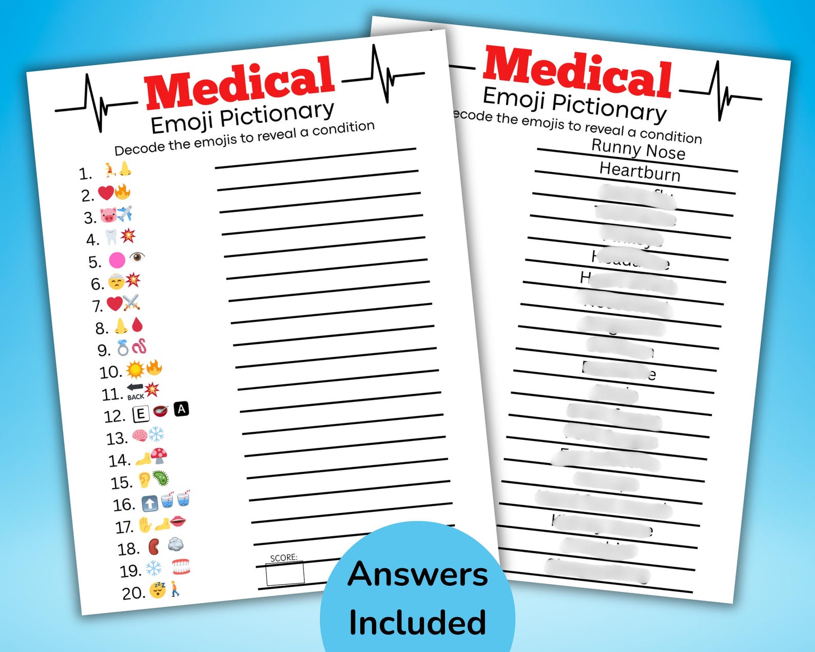 Guess the Medical Condition Emoji Pictionary, Printable Emoji Guessing ...