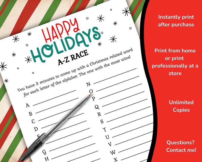 A-Z Race Holiday Activity for School or Work, Printable Christmas Game ...