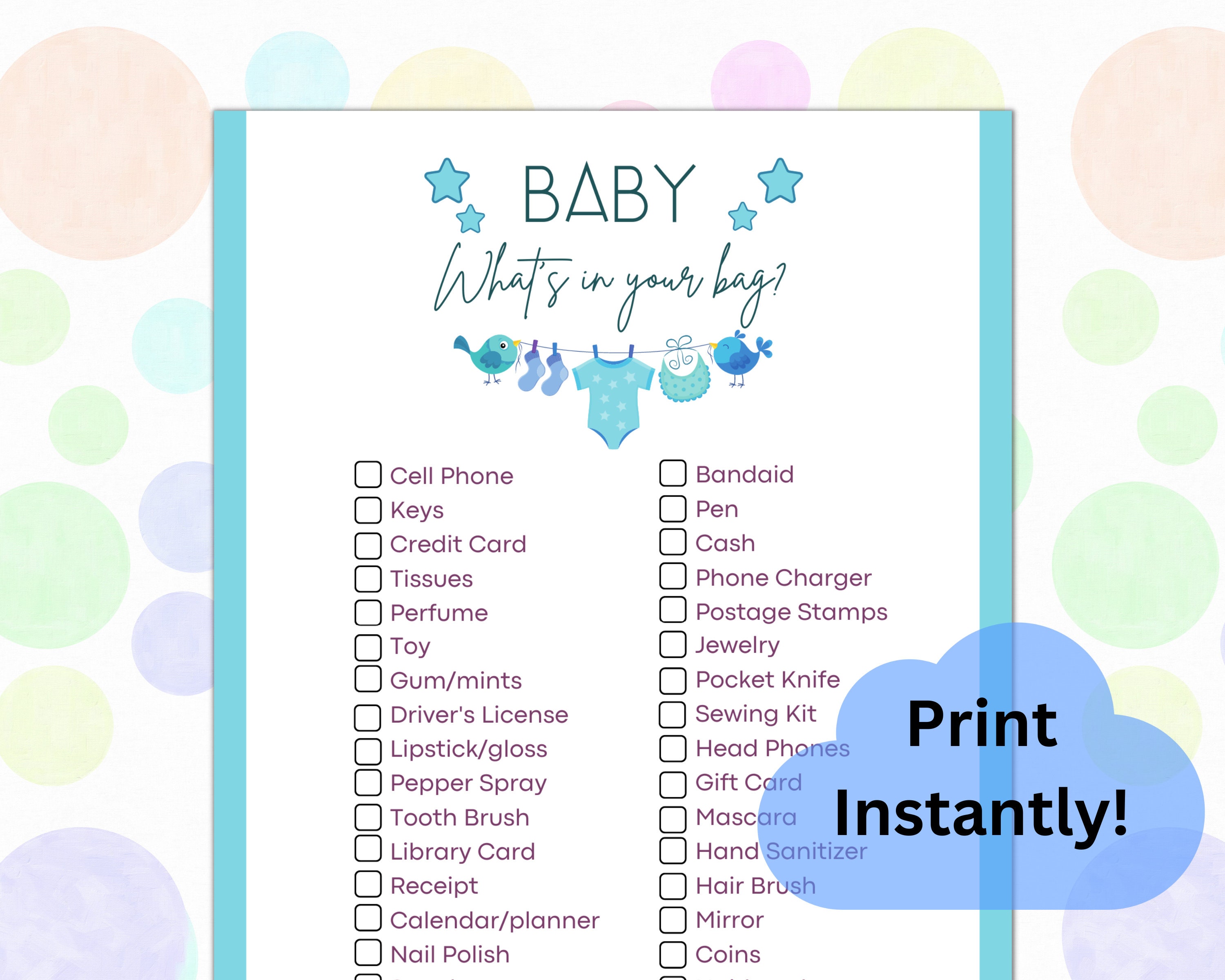 Boy Baby Shower Printable What's in Your Bag Purse Game, Blue Baby ...