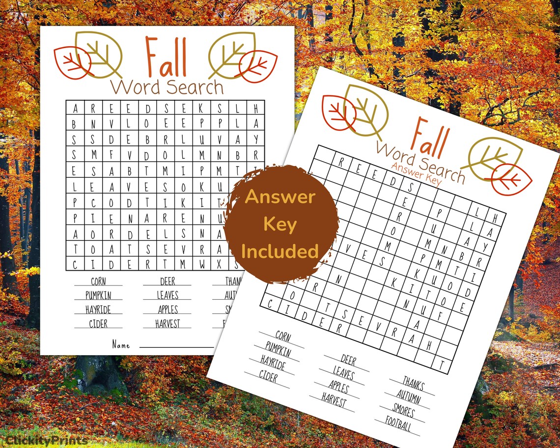 Fall Word Search-autumn Word Search-back to School Word Search-festive ...