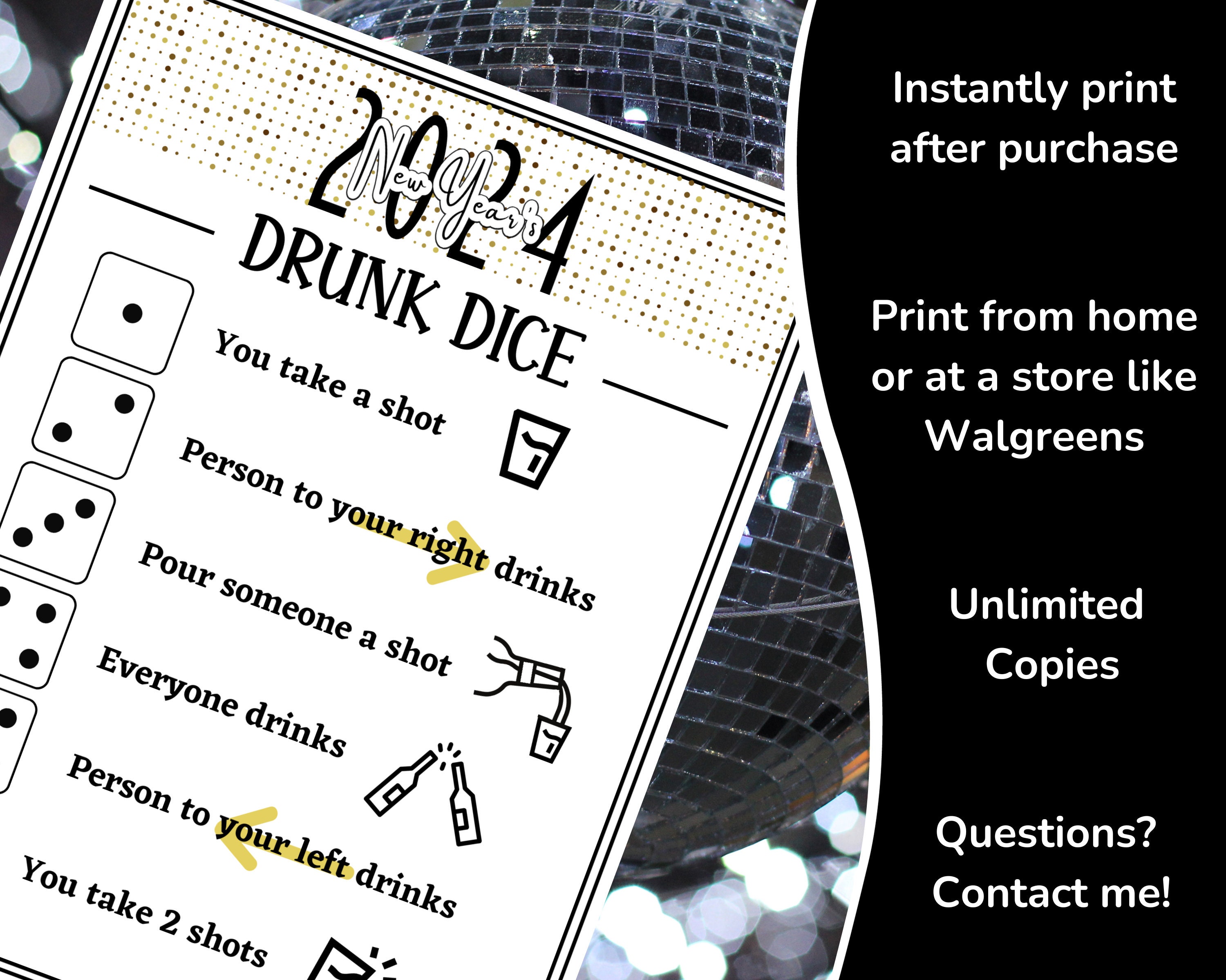 Printable New Years Eve Drunk Dice Party Game, 2024 Adult Drinking Game ...