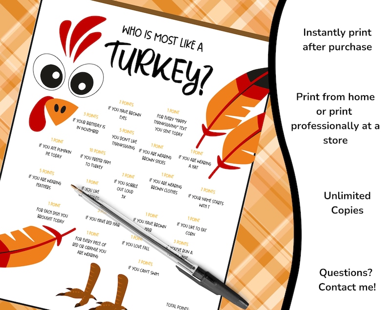 Who is Most Like A Turkey Thanksgiving Game Instant Download, Printable ...