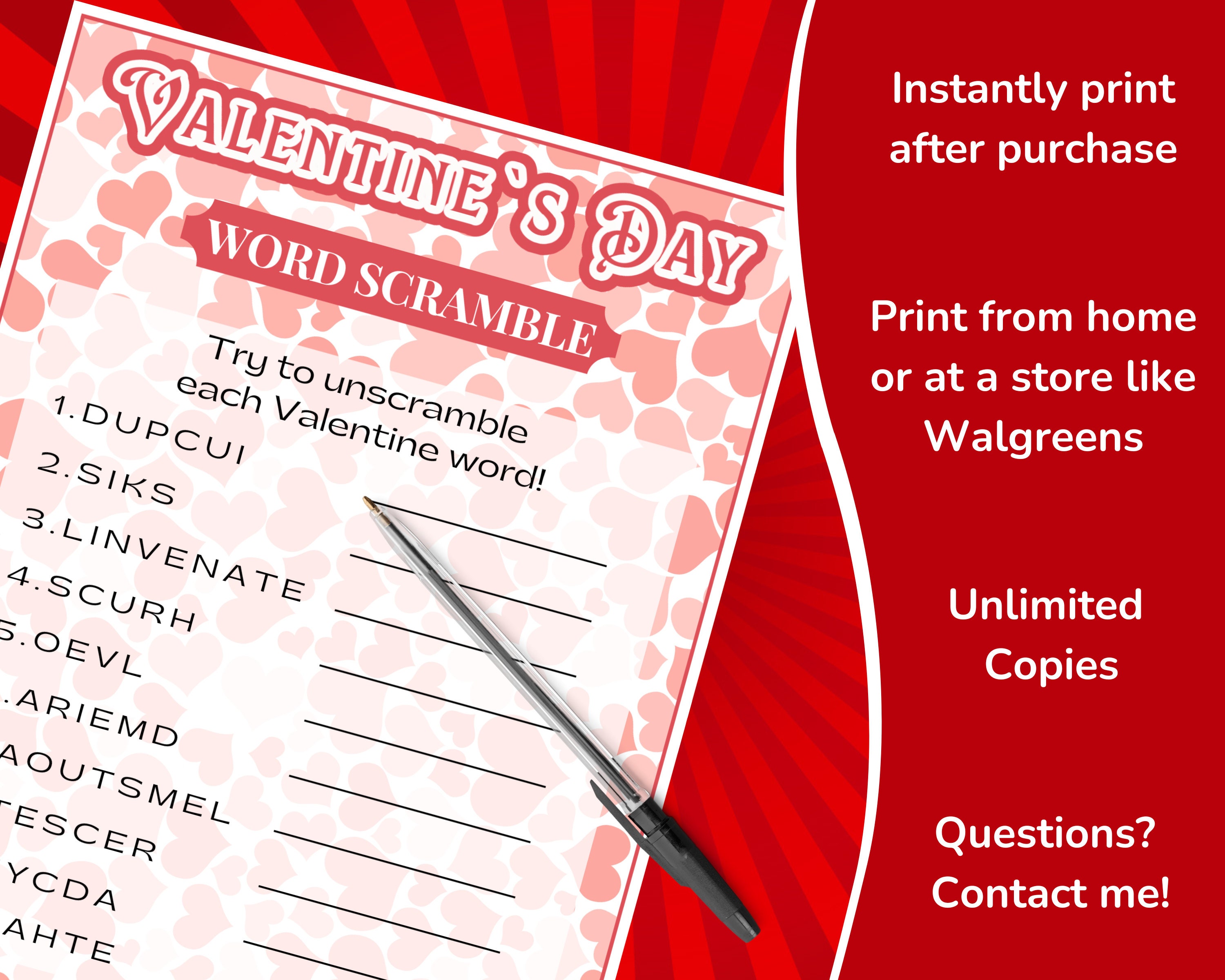 Printable Valentine's Day Word Scramble for Kids & Adults, Valentine's ...