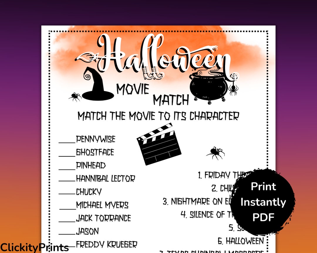 Halloween Movie Match Game, Instant Download Halloween Game, Printable ...
