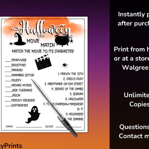 Halloween Movie Match Game, Instant Download Halloween Game, Printable ...
