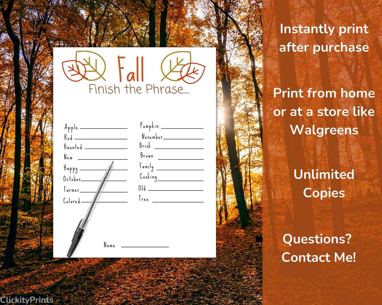 Fall Finish the Phrase Game, Printable or Virtual Game for Adults or ...