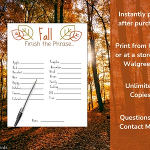Fall Finish the Phrase Game, Printable or Virtual Game for Adults or ...