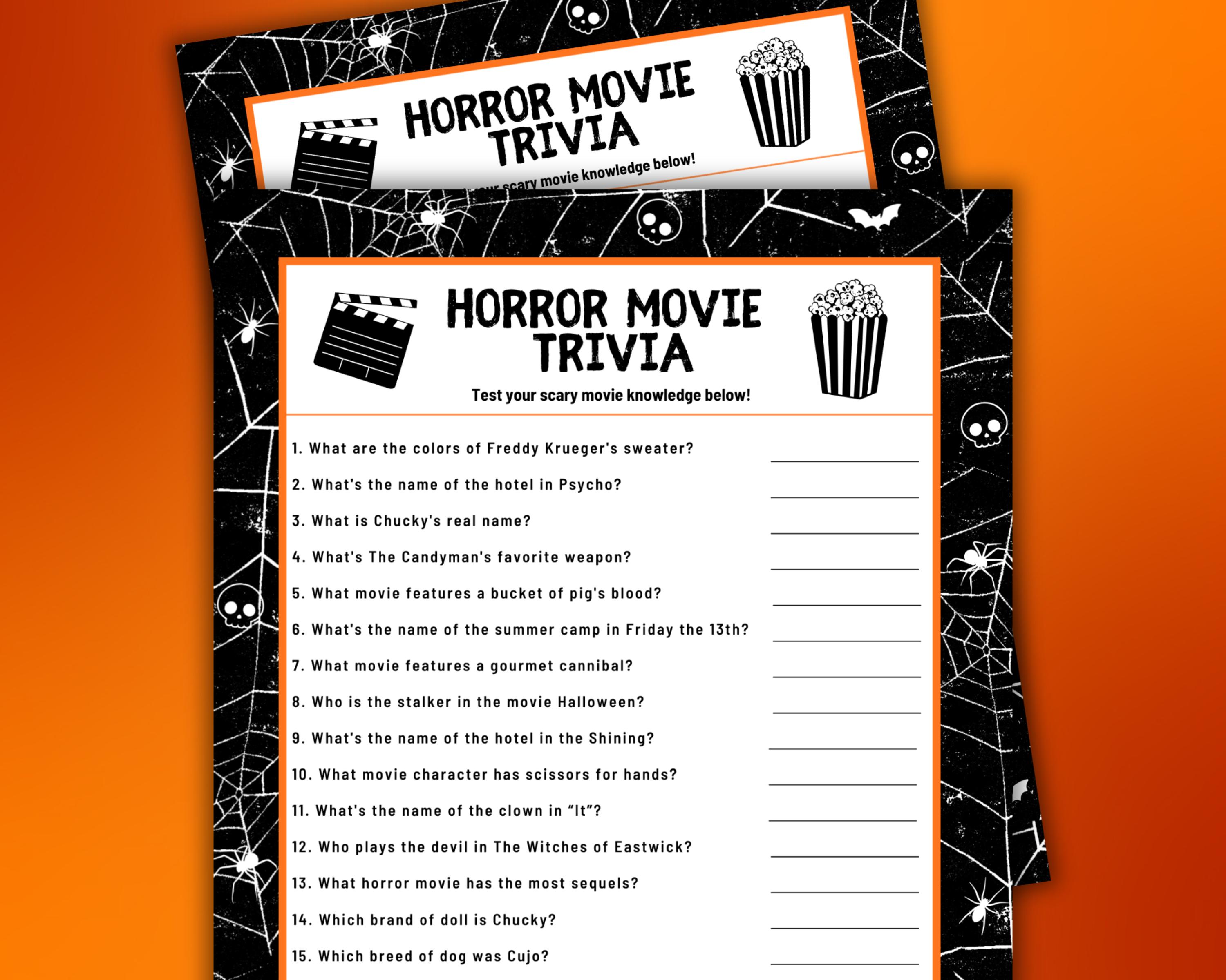 Horror Movie Trivia Printable Halloween Party Activity Instant Download ...