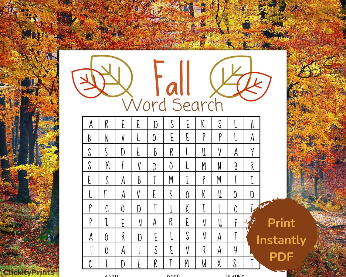 Fall Word Search-autumn Word Search-back to School Word Search-festive ...