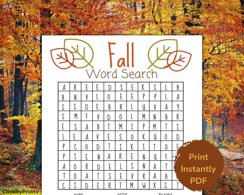 Fall Word Search-autumn Word Search-back to School Word Search-festive ...