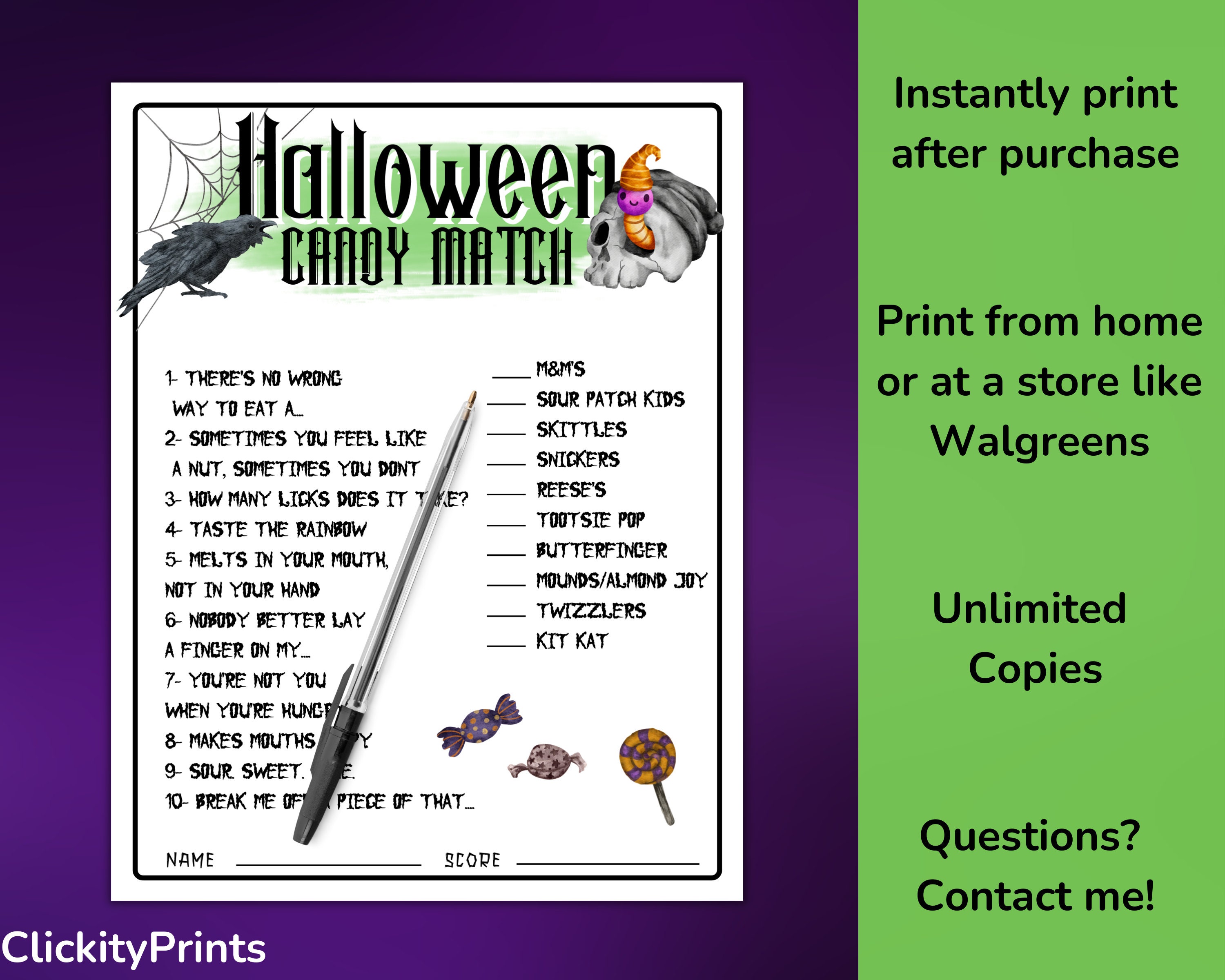 Halloween Candy Match-printable Halloween Game-candy Game-halloween ...