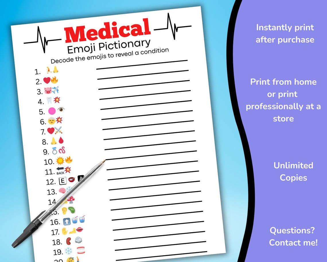 Guess the Medical Condition Emoji Pictionary, Printable Emoji Guessing ...