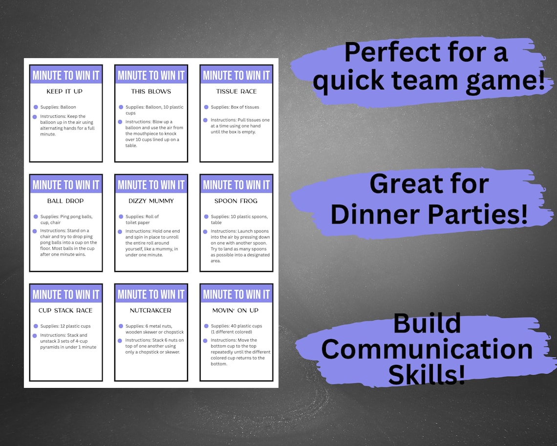 Minute to Win It Party Game, Over 50 Quick 1 Minute Games for Team ...