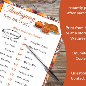 Thanksgiving Dinner Party This or That Game for Kids & Adults, Would ...