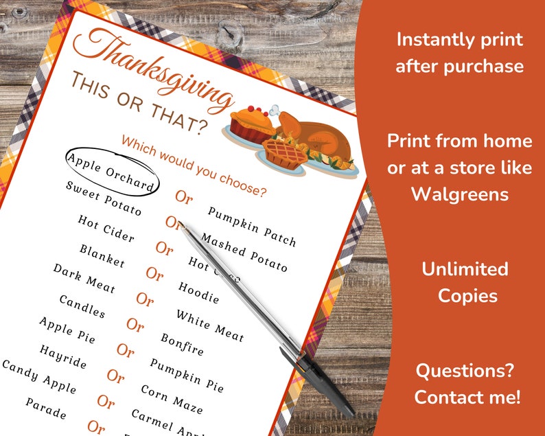 Thanksgiving Dinner Party This or That Game for Kids & Adults, Would ...