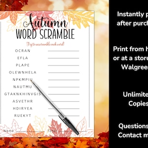 Autumn Word Scramble, Fall Word Scramble, Autumn Printable Game, Family ...