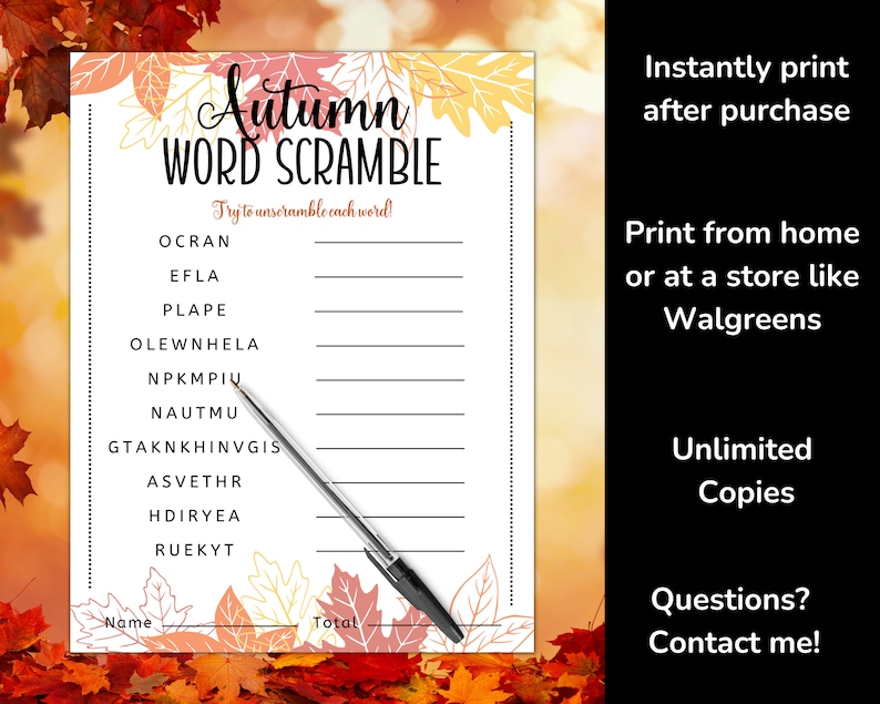 Autumn Word Scramble, Fall Word Scramble, Autumn Printable Game, Family ...