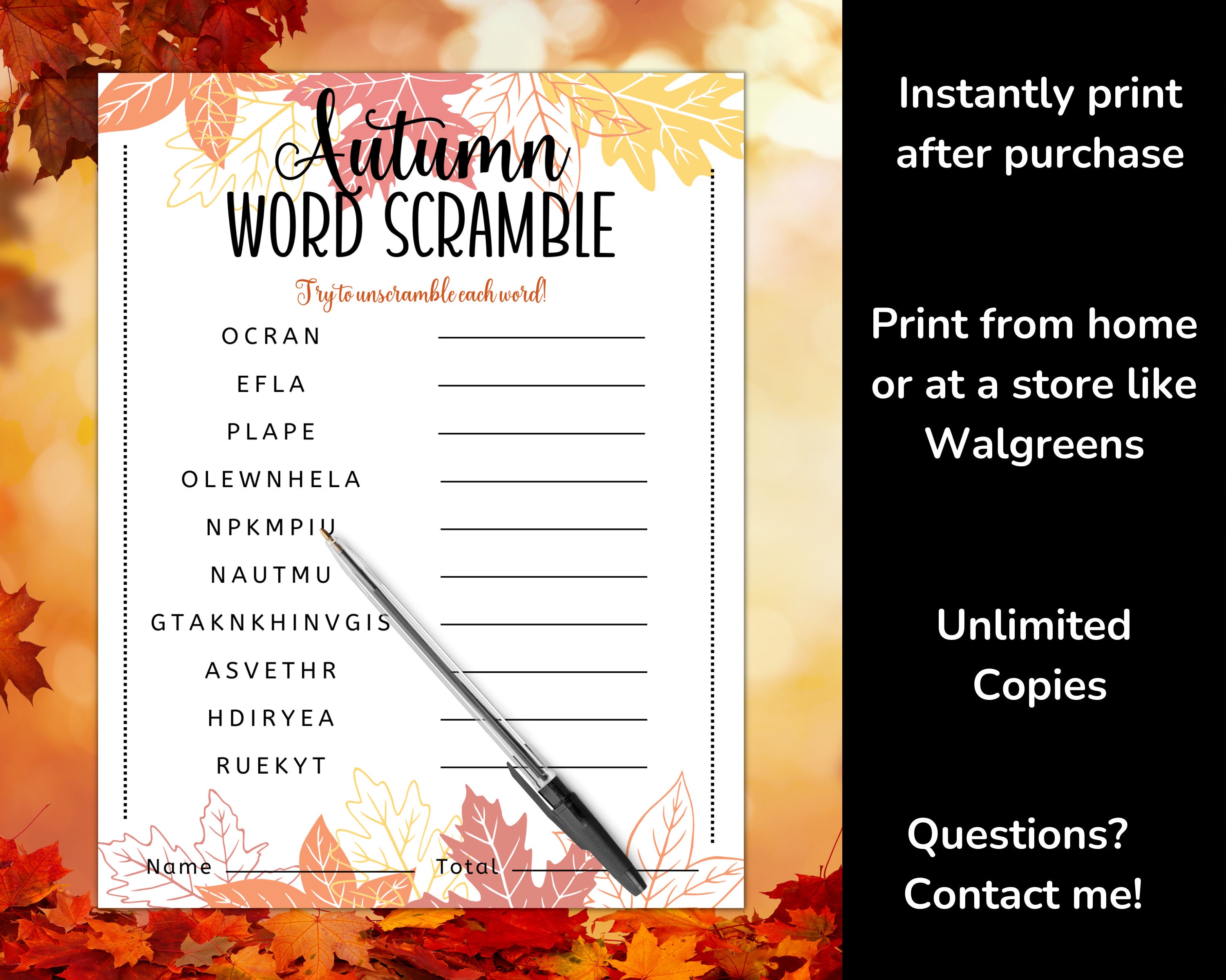 Autumn Word Scramble, Fall Word Scramble, Autumn Printable Game, Family ...