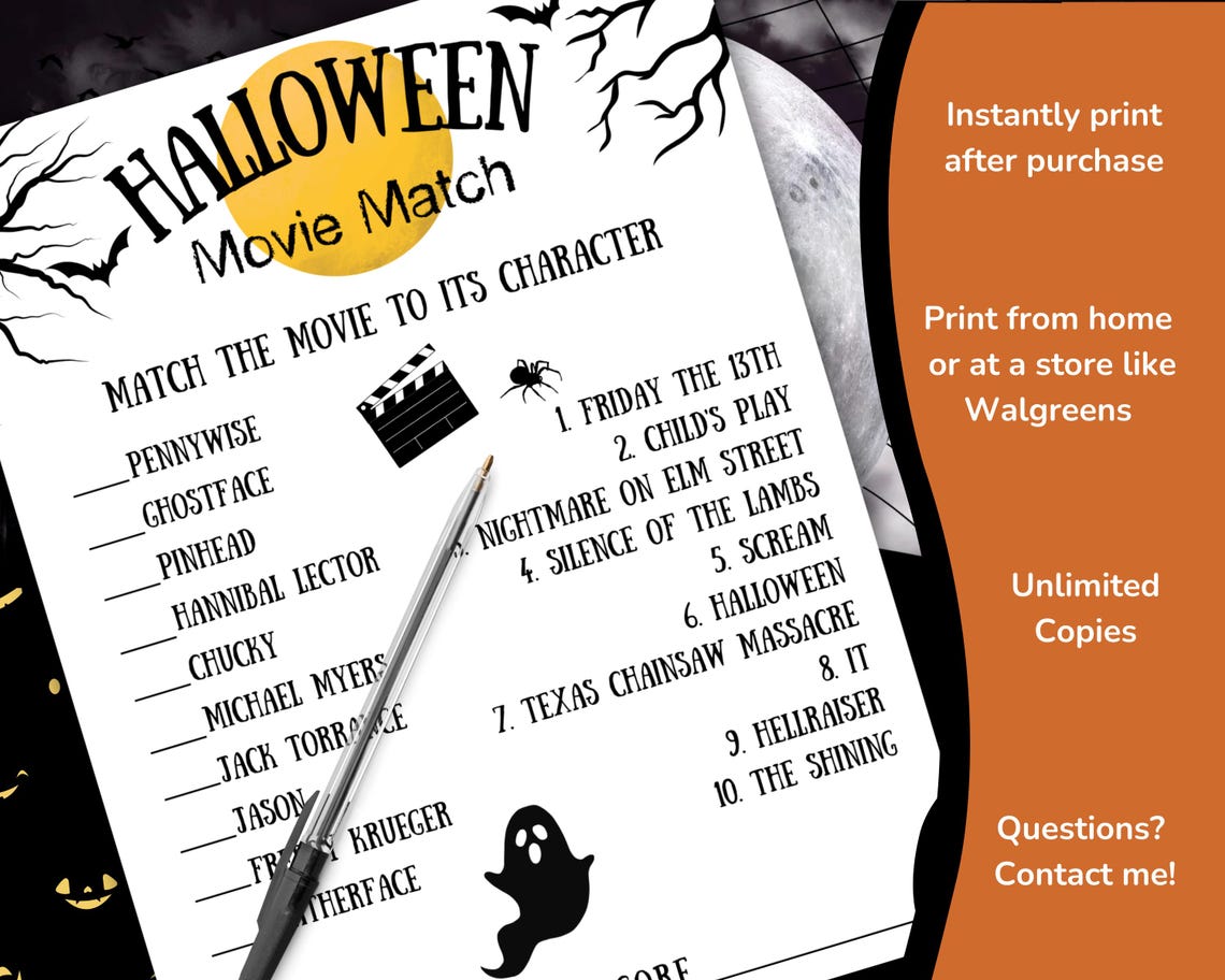 Printable Halloween Movie Match Game, Halloween Party Games, Horror ...