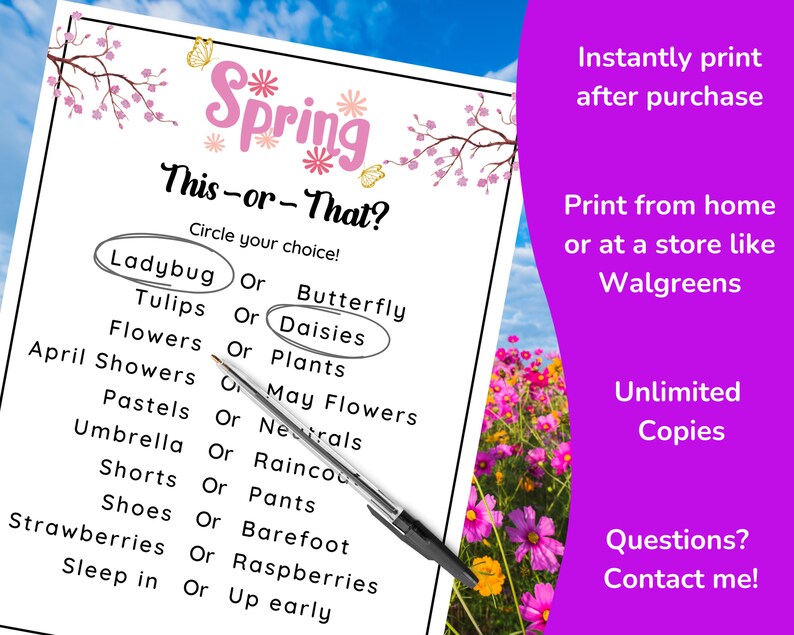 Printable Spring This or That Game for Kids & Adults, Classroom Spring ...